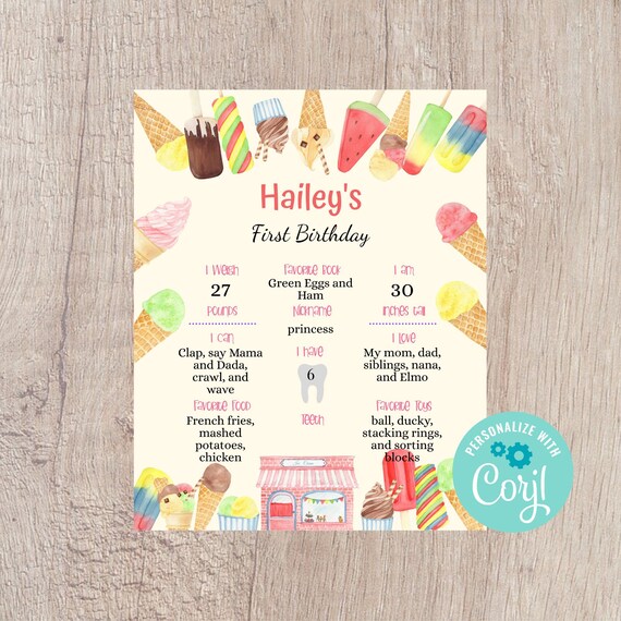 Ice Cream 1st Birthday Milestone Poster Printable Editable - Etsy