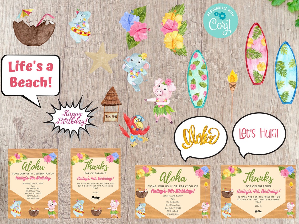 Luau Party Bundle Printable Editable INSTANT DOWNLOAD Invitation, Thank ...