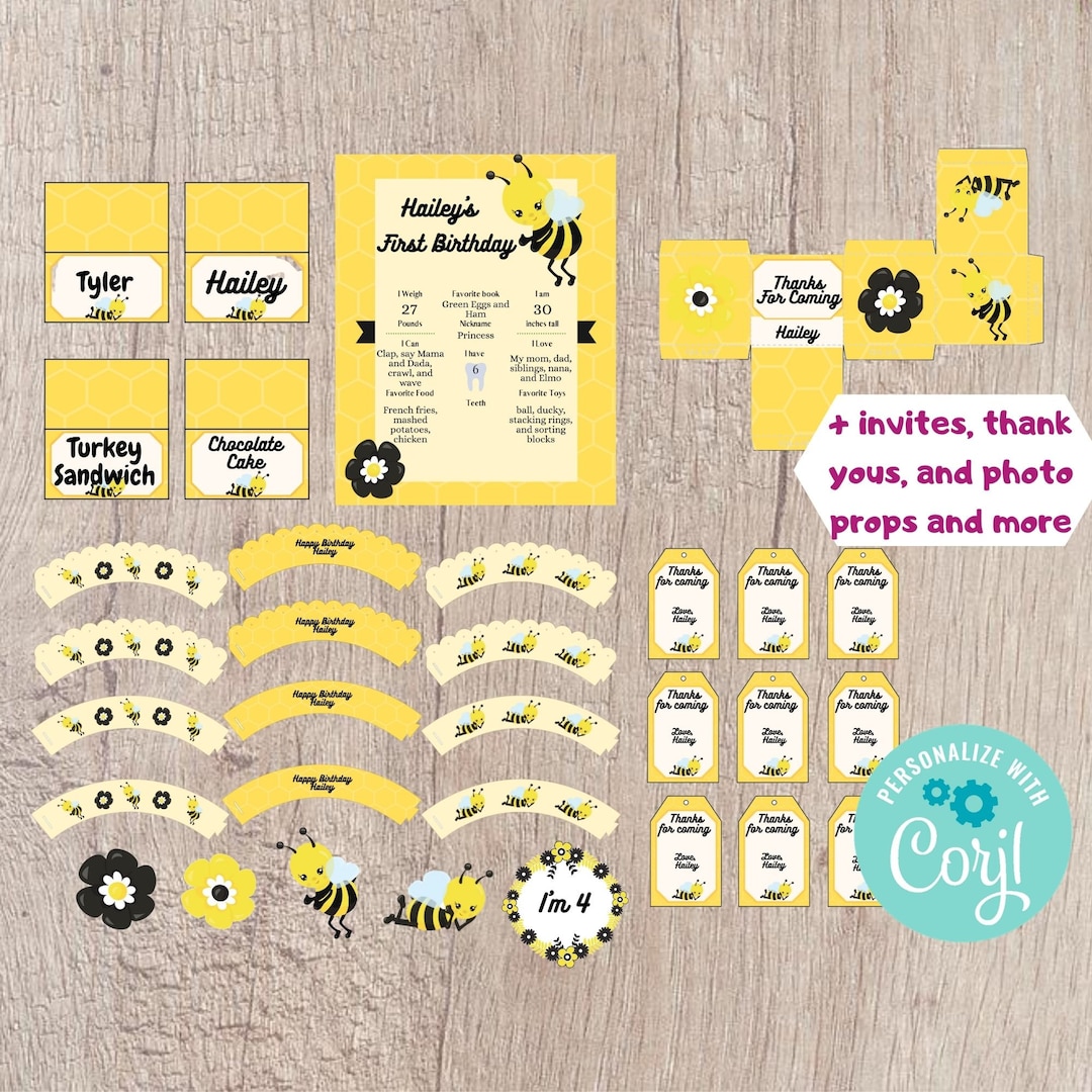 Bee-day Party Bundle Printable Editable INSTANT DOWNLOAD Invitation ...