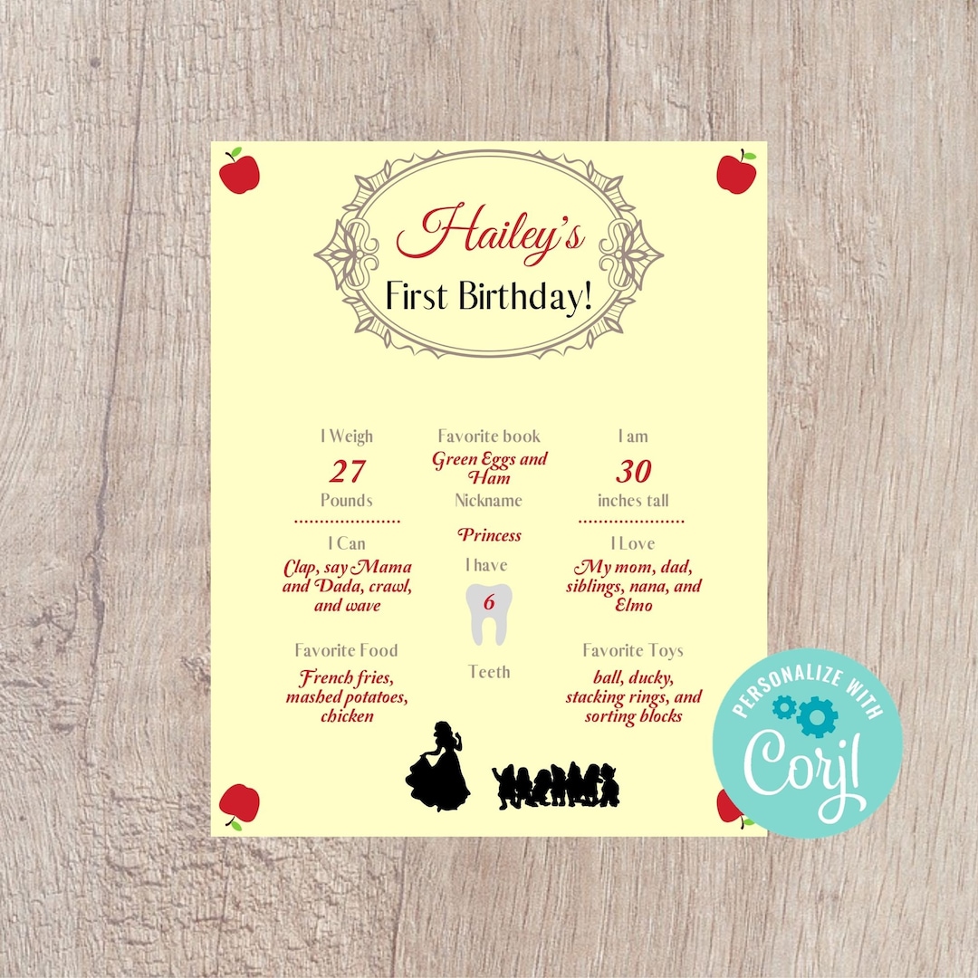 Snow White 1st Birthday Milestone Poster Printable Editable ...