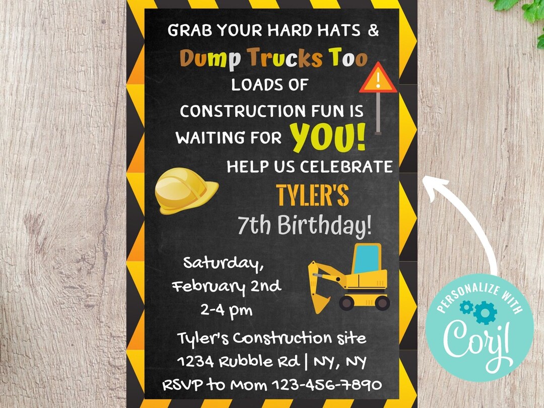 Construction Party Vertical Invitation - Editable INSTANT DOWNLOAD - Etsy