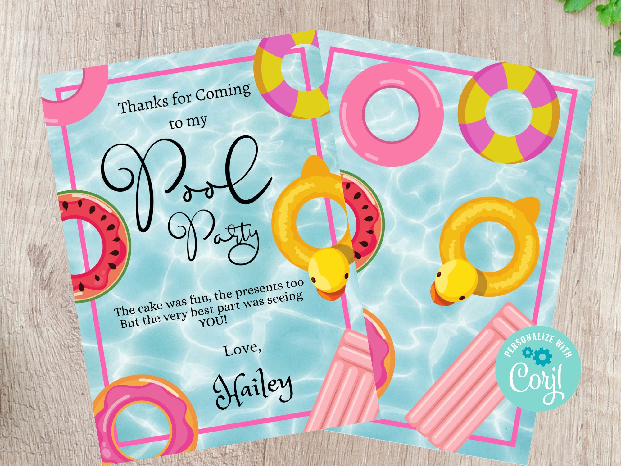 Pool Floatie Vertical Birthday Thank You Card Fully Editable - Etsy