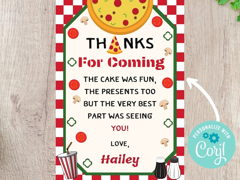 Pizza Party Vertical Thank You Card - Editable INSTANT DOWNLOAD - Etsy