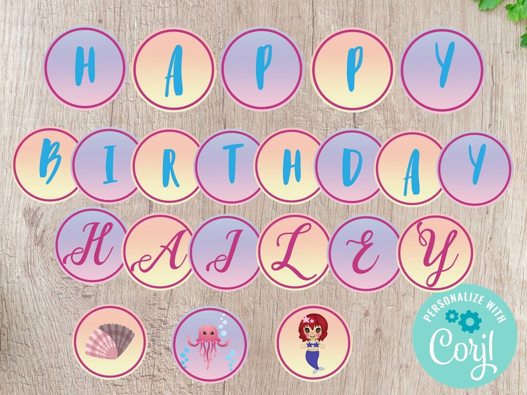 Mermaid Party Happy Birthday Banner Printable Editable INSTANT DOWNLOAD ...