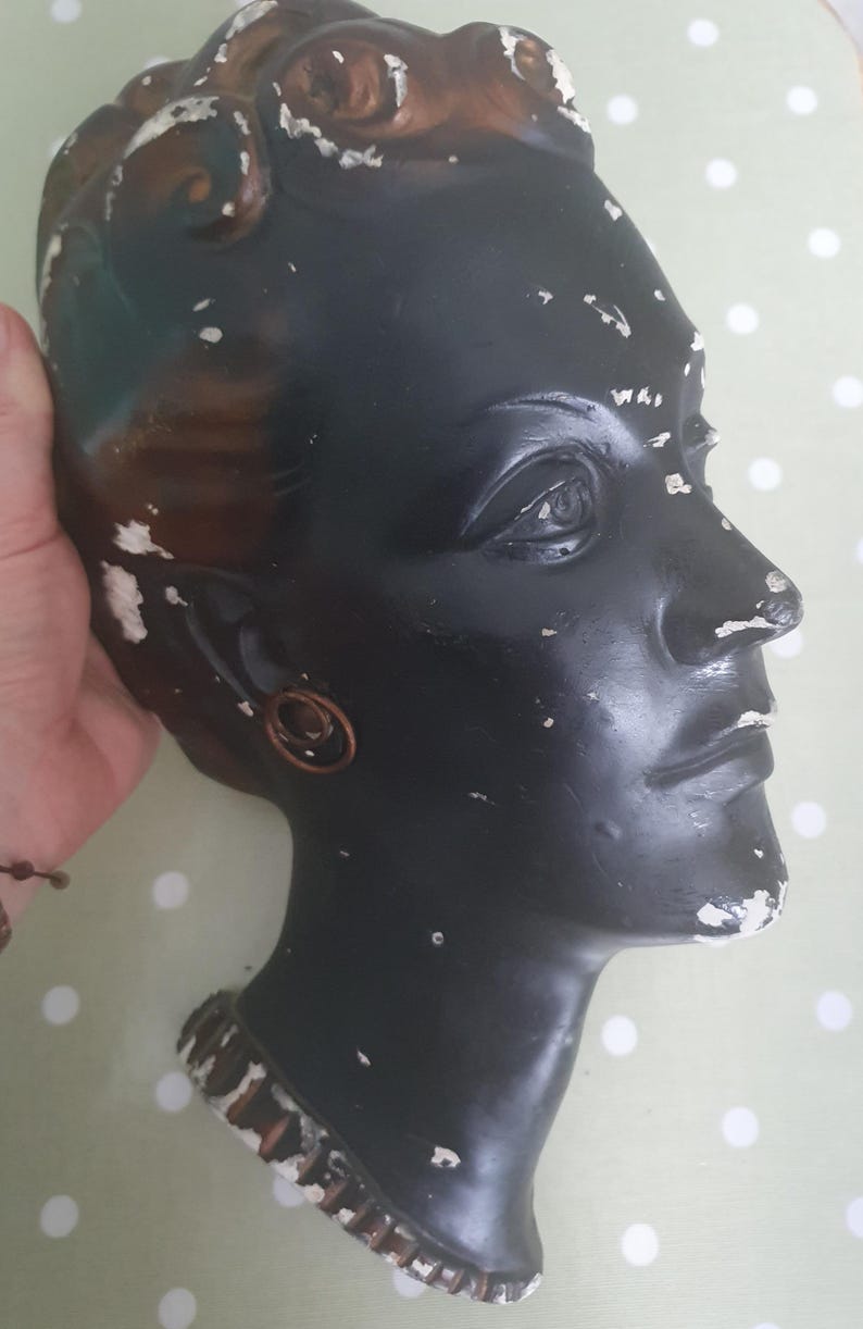 Vintage Plaster Head/ Face Mask for Wall Decor Lady With Earrings Black ...
