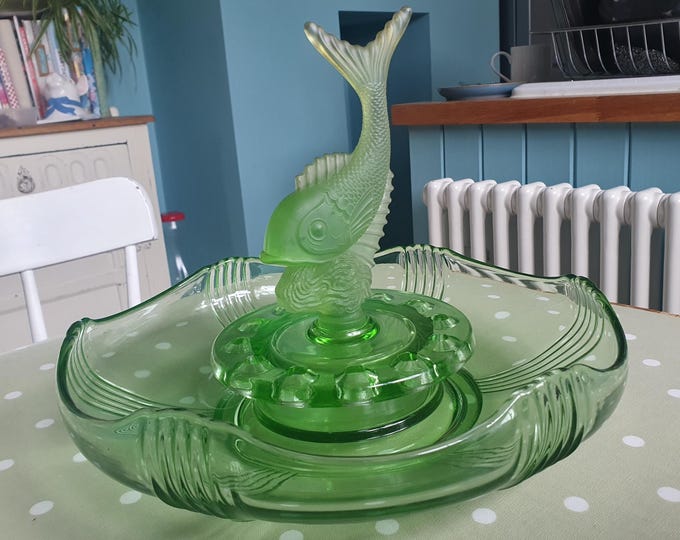 Josef Inwald Art Deco Green Glass Fish Flower Bowl Flower Arranging ...