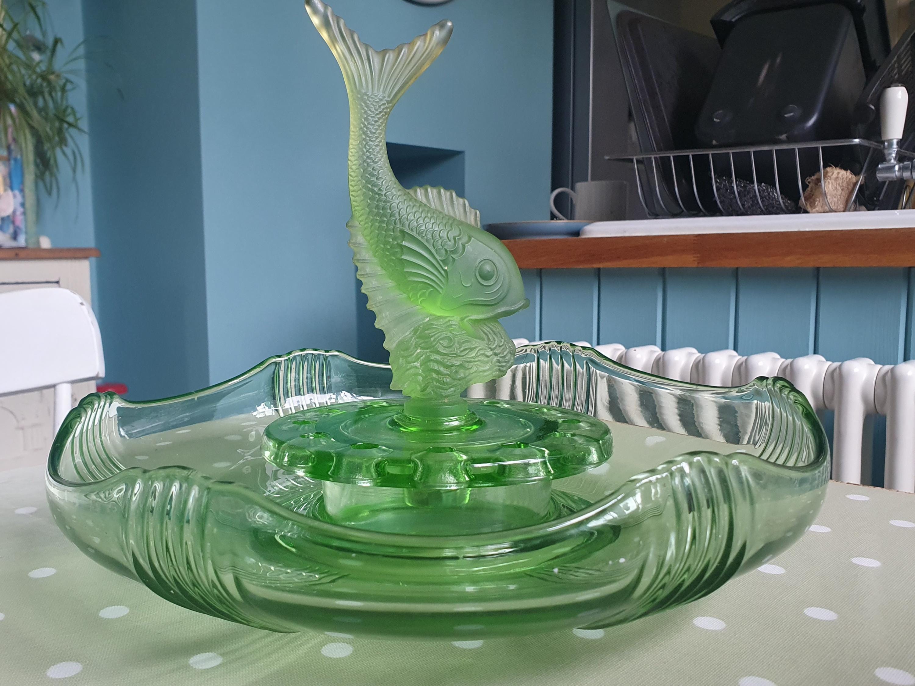 Josef Inwald Art Deco Green Glass Fish Flower Bowl Flower Arranging ...