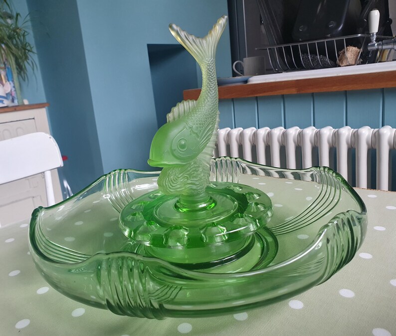 Josef Inwald Art Deco Green Glass Fish Flower Bowl Flower Arranging ...