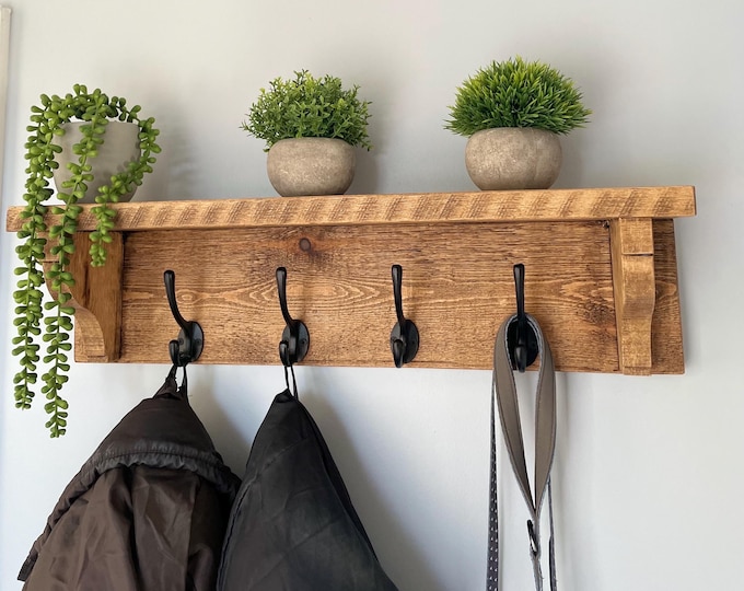Rustic/distressed Coat Rack With Top Shelf | Coat Hooks - Etsy UK