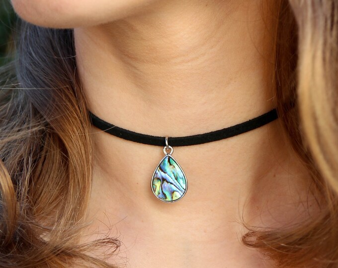 Abalone Shell Choker, Black Boho Choker, Abalone Shell Pendant, Paua ...