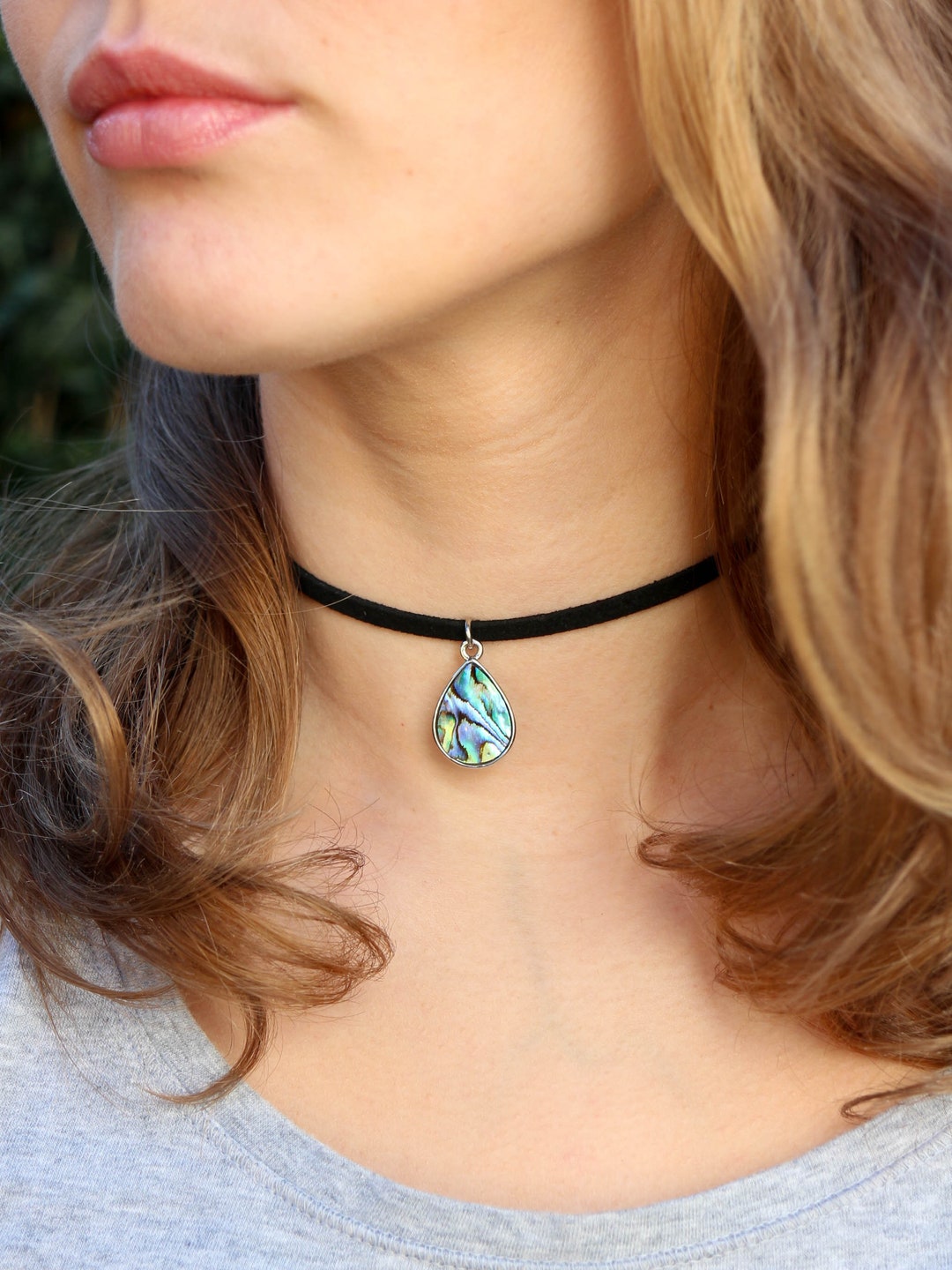 Abalone Shell Choker, Black Boho Choker, Abalone Shell Pendant, Paua ...