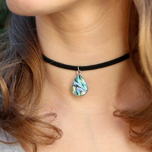 Abalone Shell Choker, Black Boho Choker, Abalone Shell Pendant, Paua ...