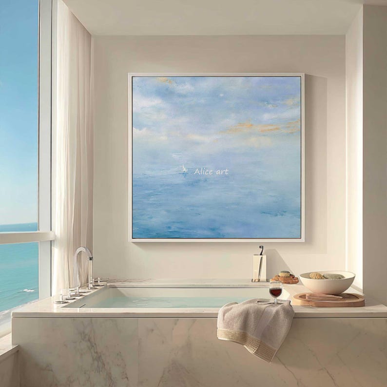 Abstract Seascape Acrylic Painting, Calm Ocean Sky Wall Art, Coastal ...