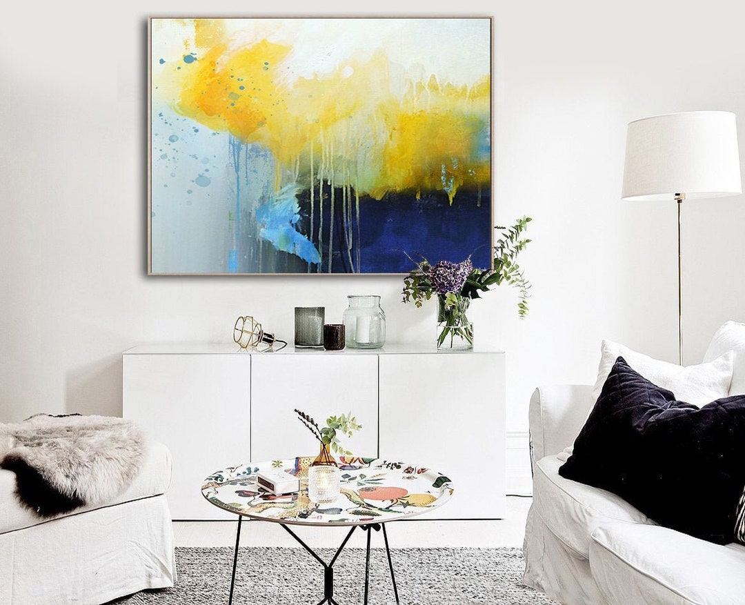 Deep Blue Abstract Canvas Painting, Large Yellow Painting,minimalist ...