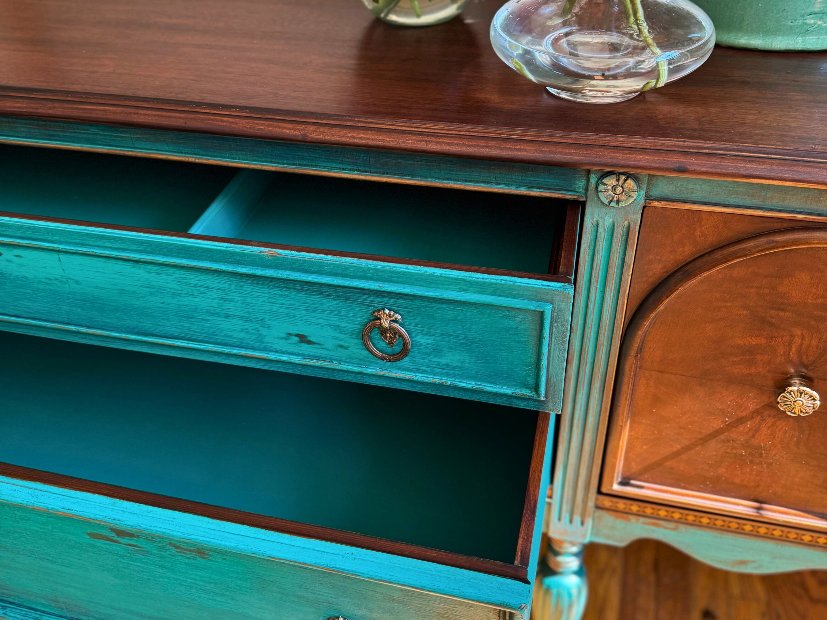 Vintage Hand-painted Buffet - Teal Chalk Paint Sideboard - Painted ...