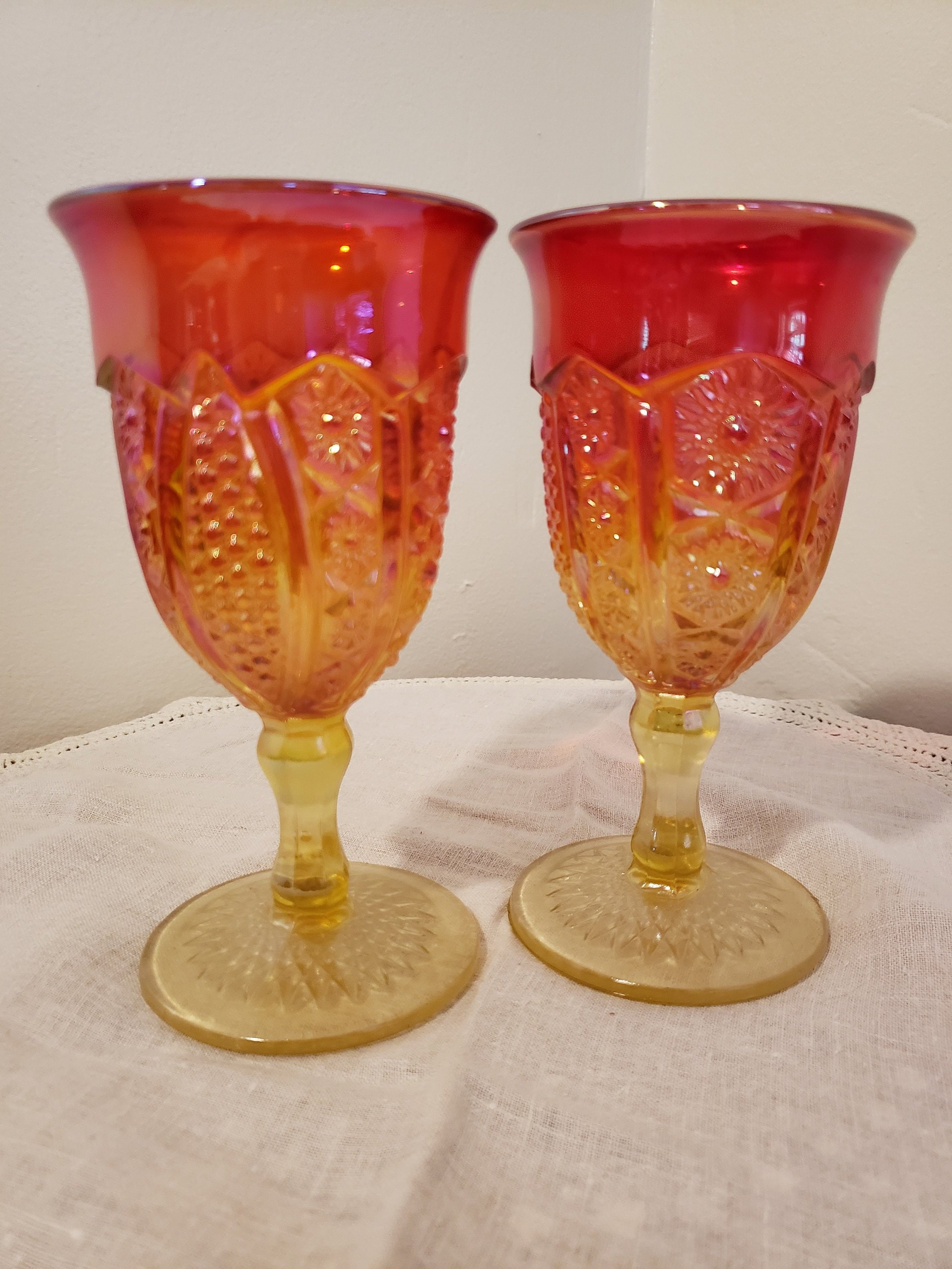 Vintage Sunset Carnival Glass Goblets | Etsy