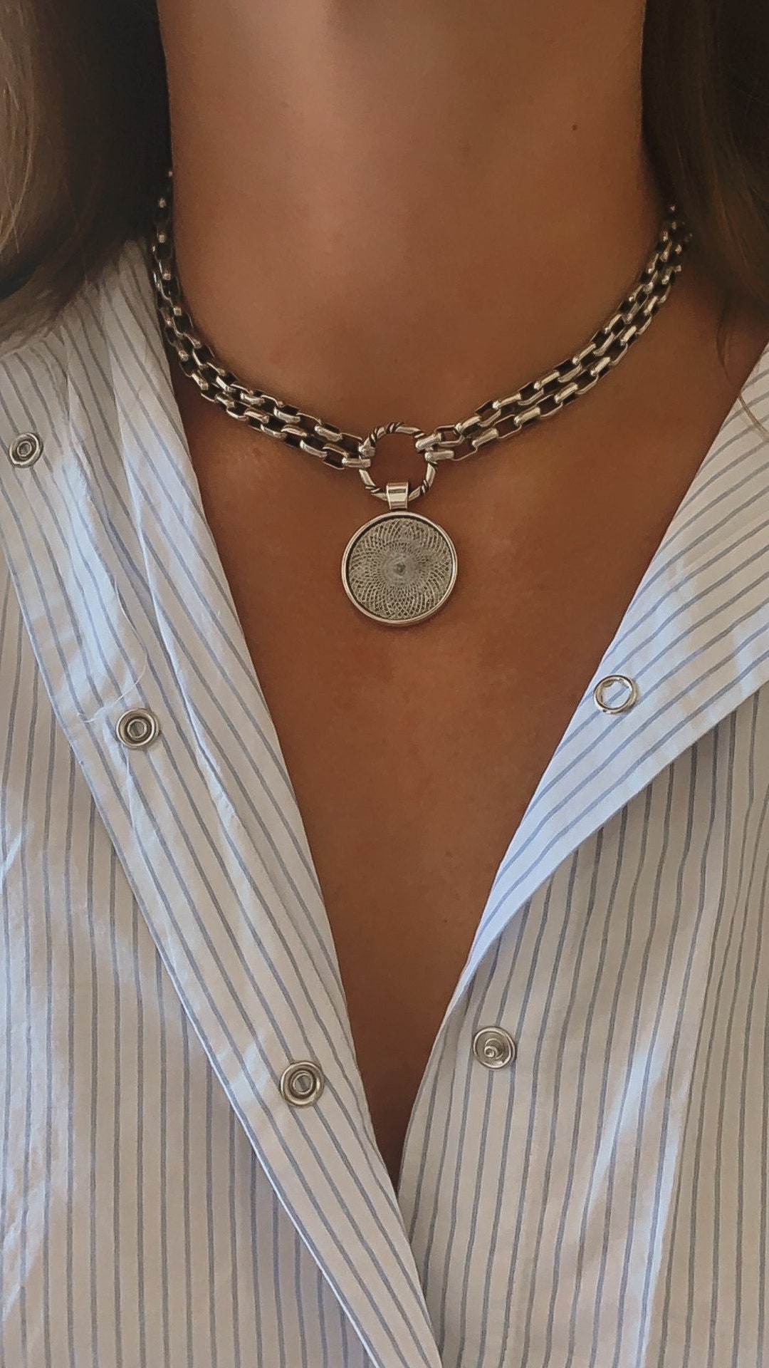 Statement Silver Necklace Coin Choker Necklace Double Row Choker ...