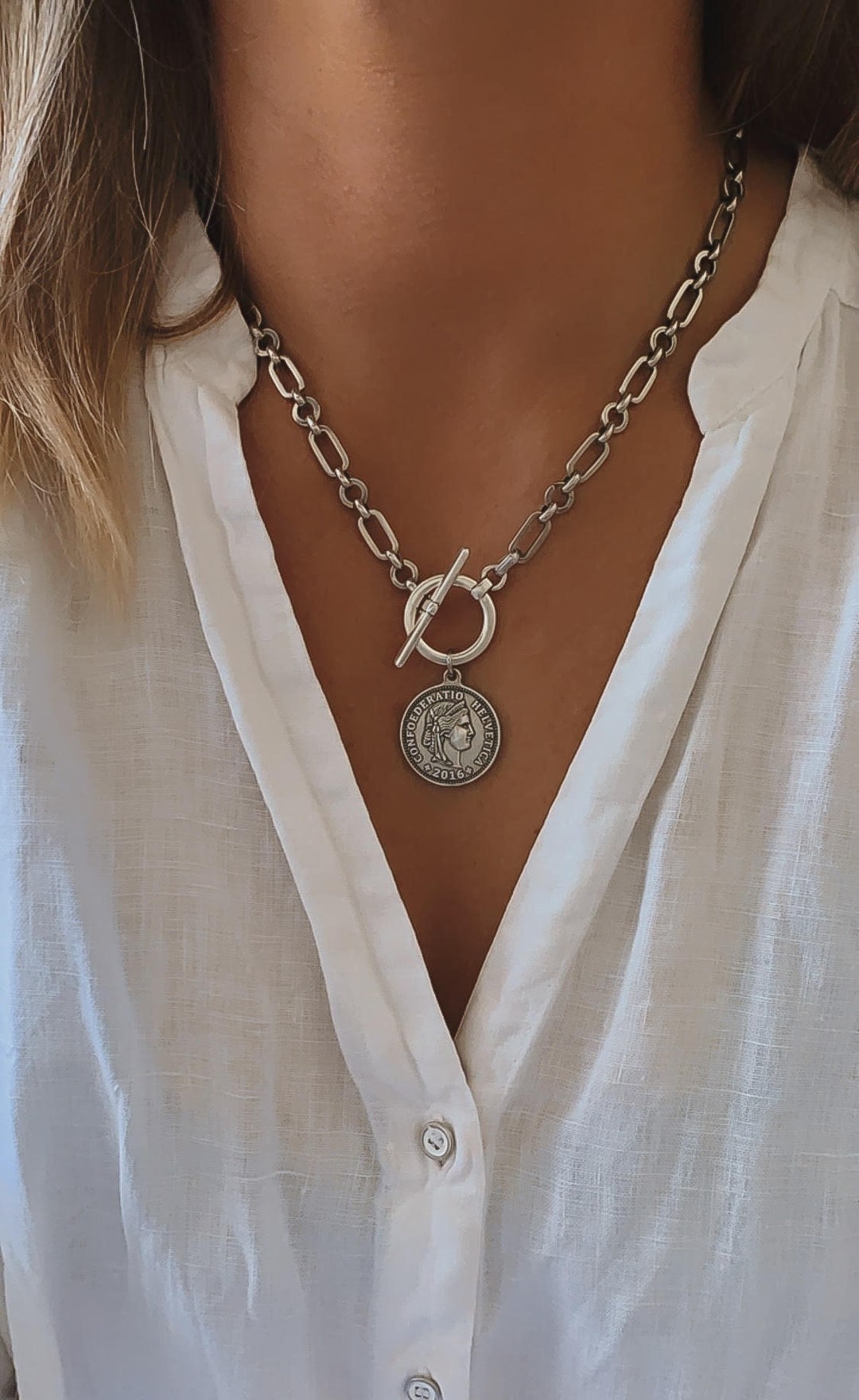 Statement Toggle Clasp Coin Necklace Silver Toggle Clasp Necklace ...
