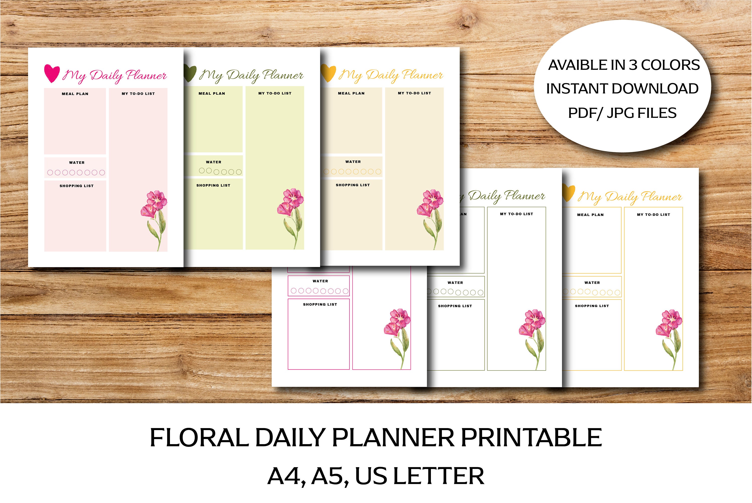 Floral Daily Planner Printable, Instant Download, Pdf & Jpg Files, Pink ...