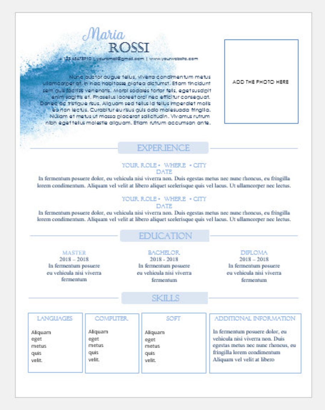 CV Template -resume - Blue Splatter - Word Download - Easy, Beautiful ...