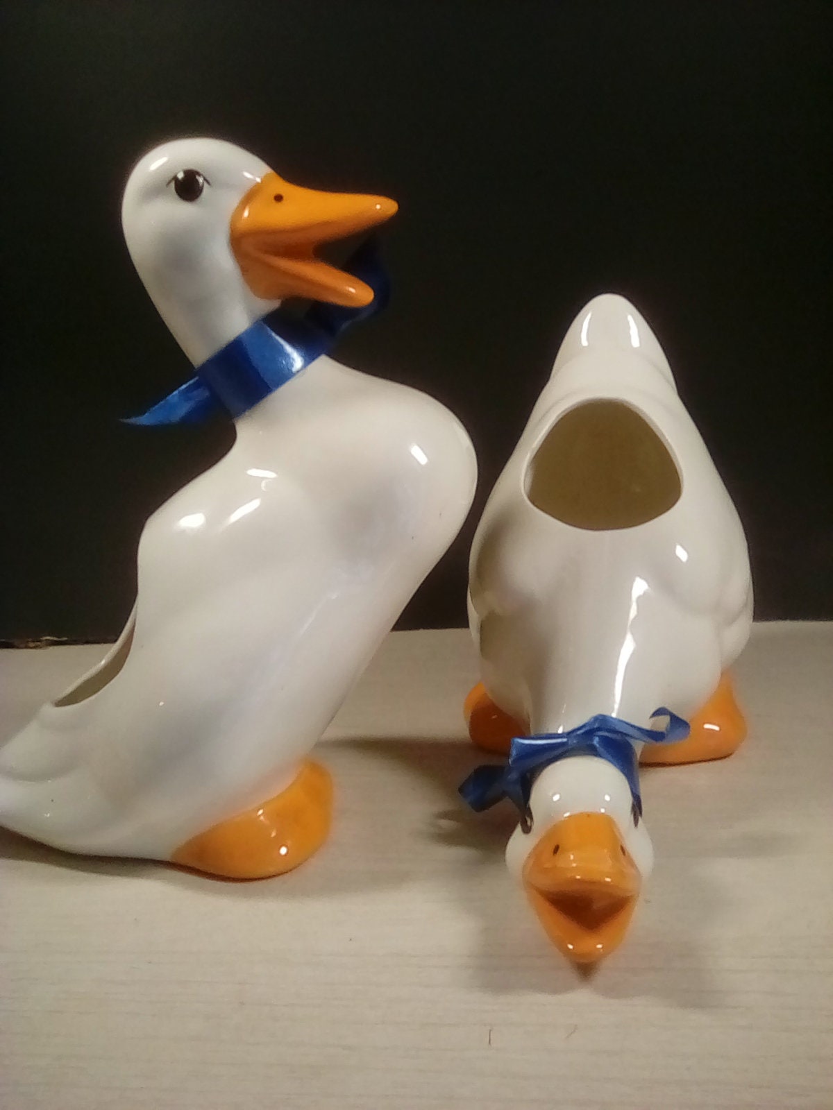 2 white ceramic quacking ducks planter | Etsy