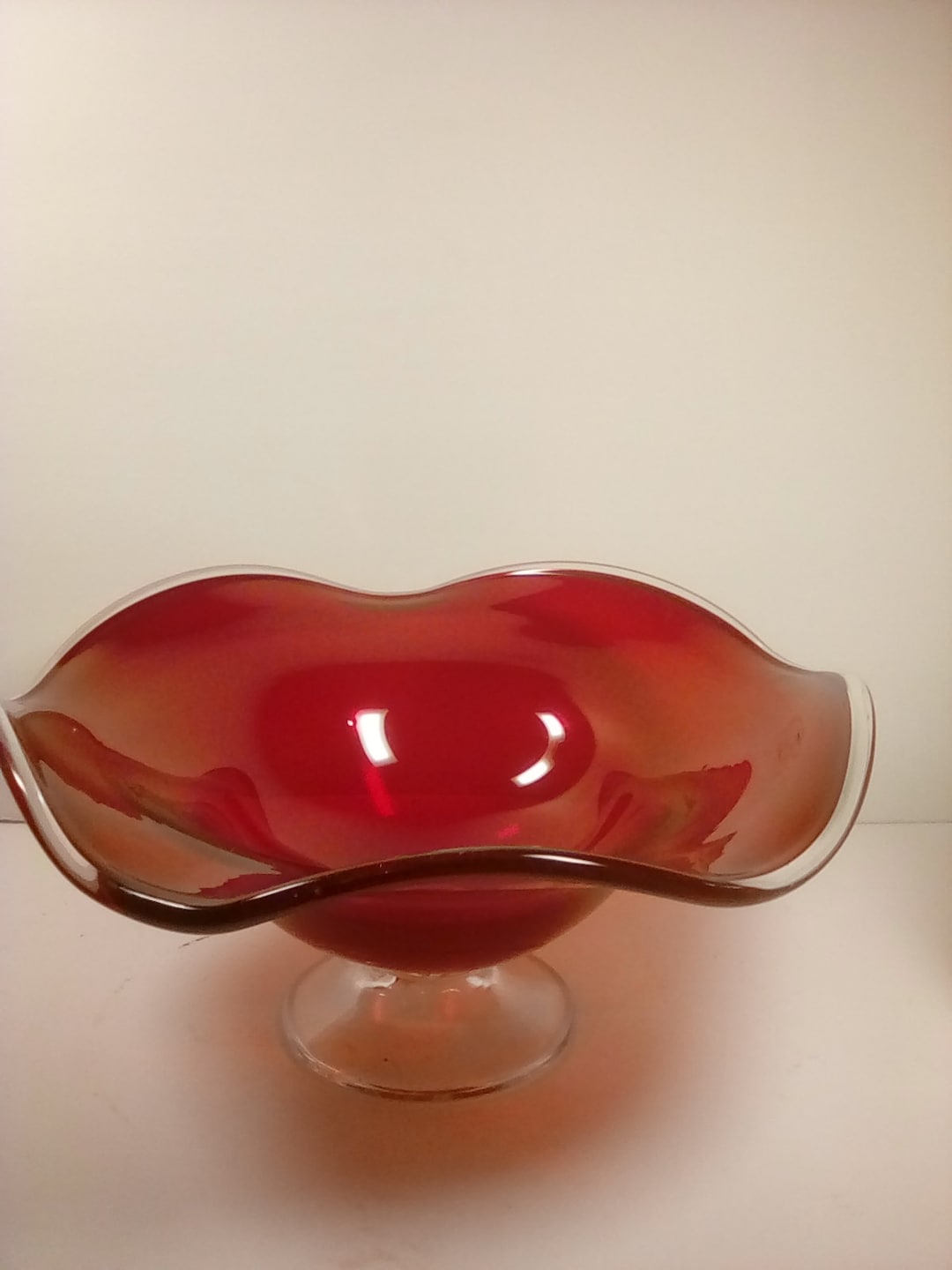 Ruby Red Ruffled Glass Pedestal Bowl - Etsy