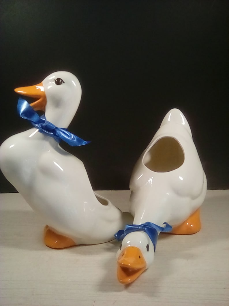 2 White Ceramic Quacking Ducks Planter | Etsy