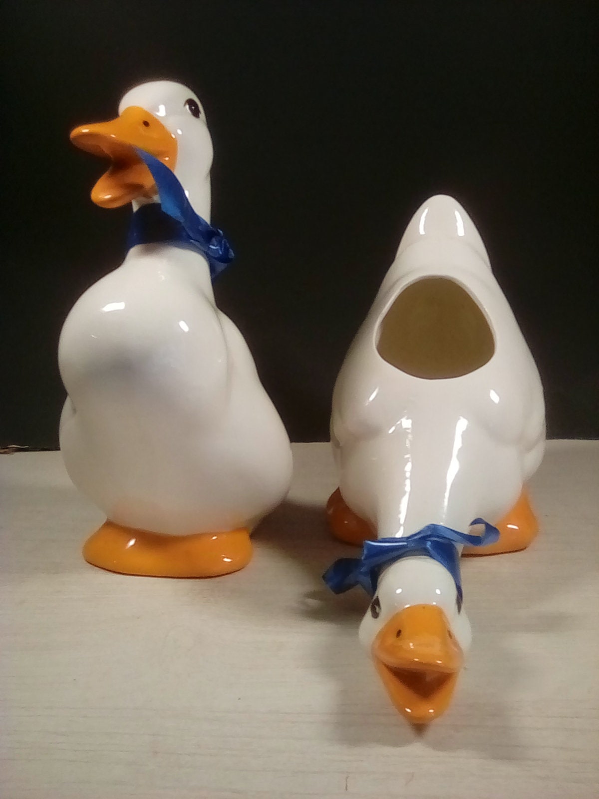 2 white ceramic quacking ducks planter | Etsy