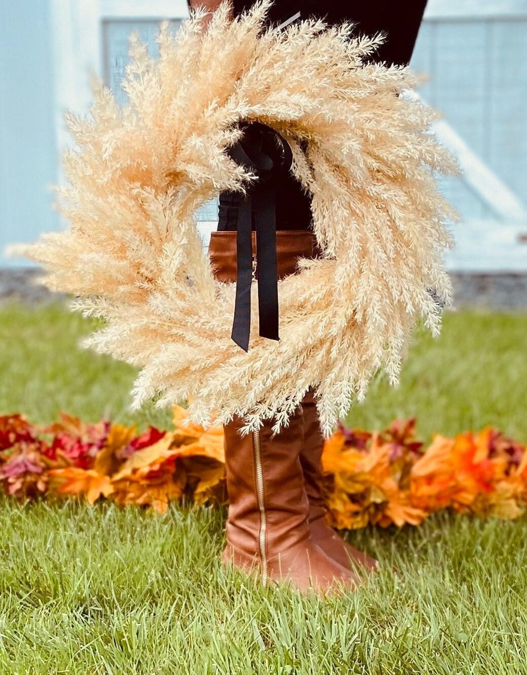 Neutral Boho Front Door Wreath, Fall Pampas Door Wreath, Autumn Wheat ...