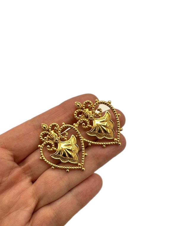 Gold Victorian Revival Heart Vintage Pierced Earrings… - Gem