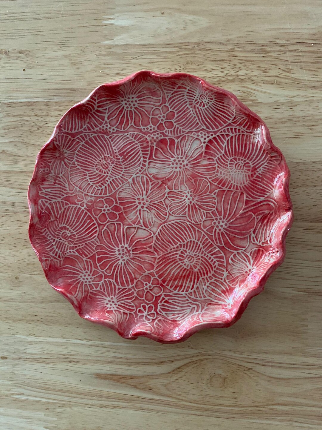 Red Floral Plate, Ceramic, Pottery, Breakfast, Whimsical, Kitchen Decor ...