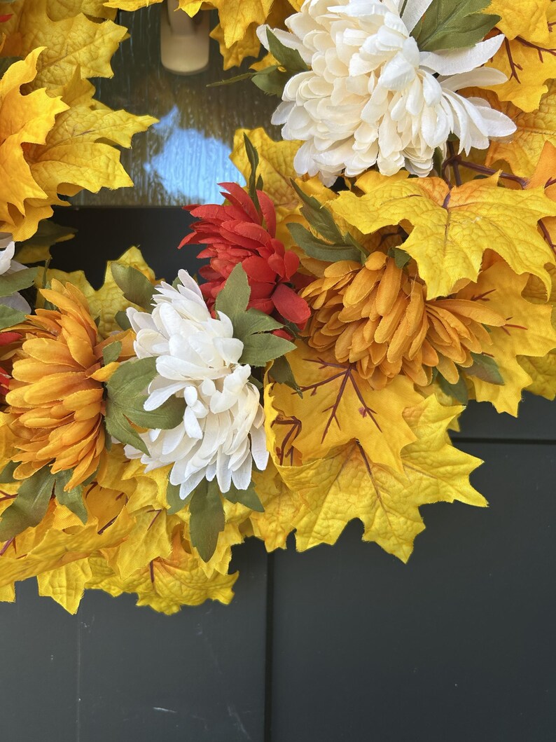 Handmade Fall Wreath – Yellow Maple Leaves, Red White Gold Flowers ...