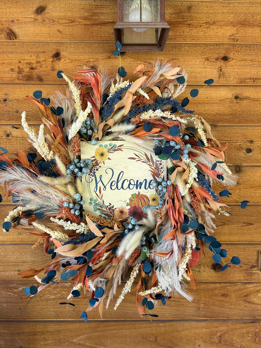 Fall Front Door Wreath, Boho Door Decor, Blue and Rust Fall Decor ...