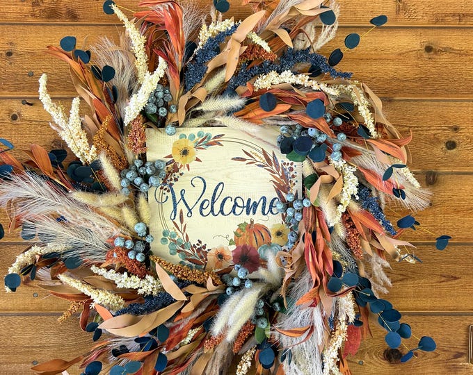 Fall Front Door Wreath, Boho Door Decor, Blue and Rust Fall Decor ...