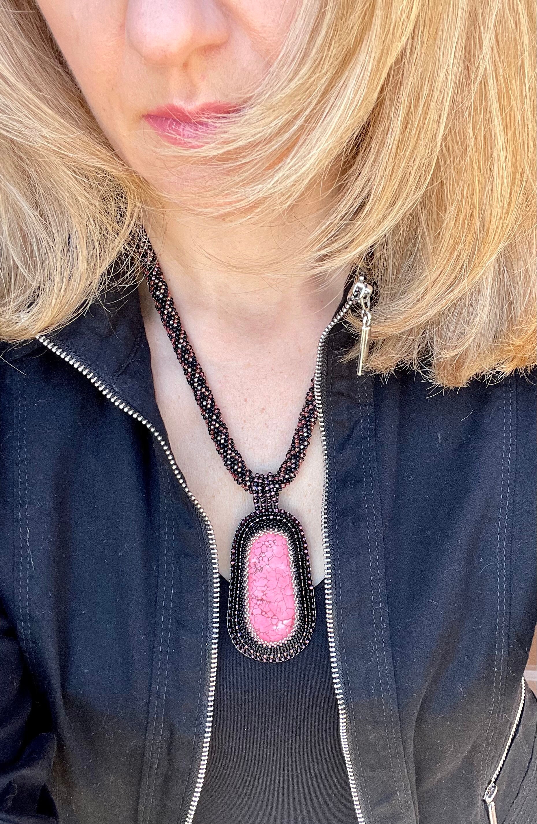 Pink magnesite necklace. Magnesite pendant, bead embroidery jewelry ...