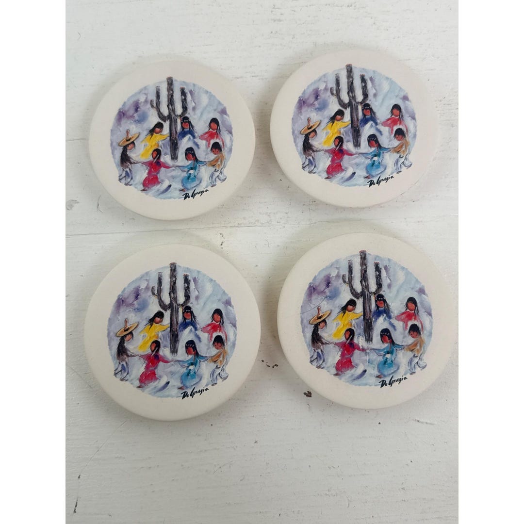 Degrazia Native American Art Sandstone Coasters Set of 4 4.25" Round ...