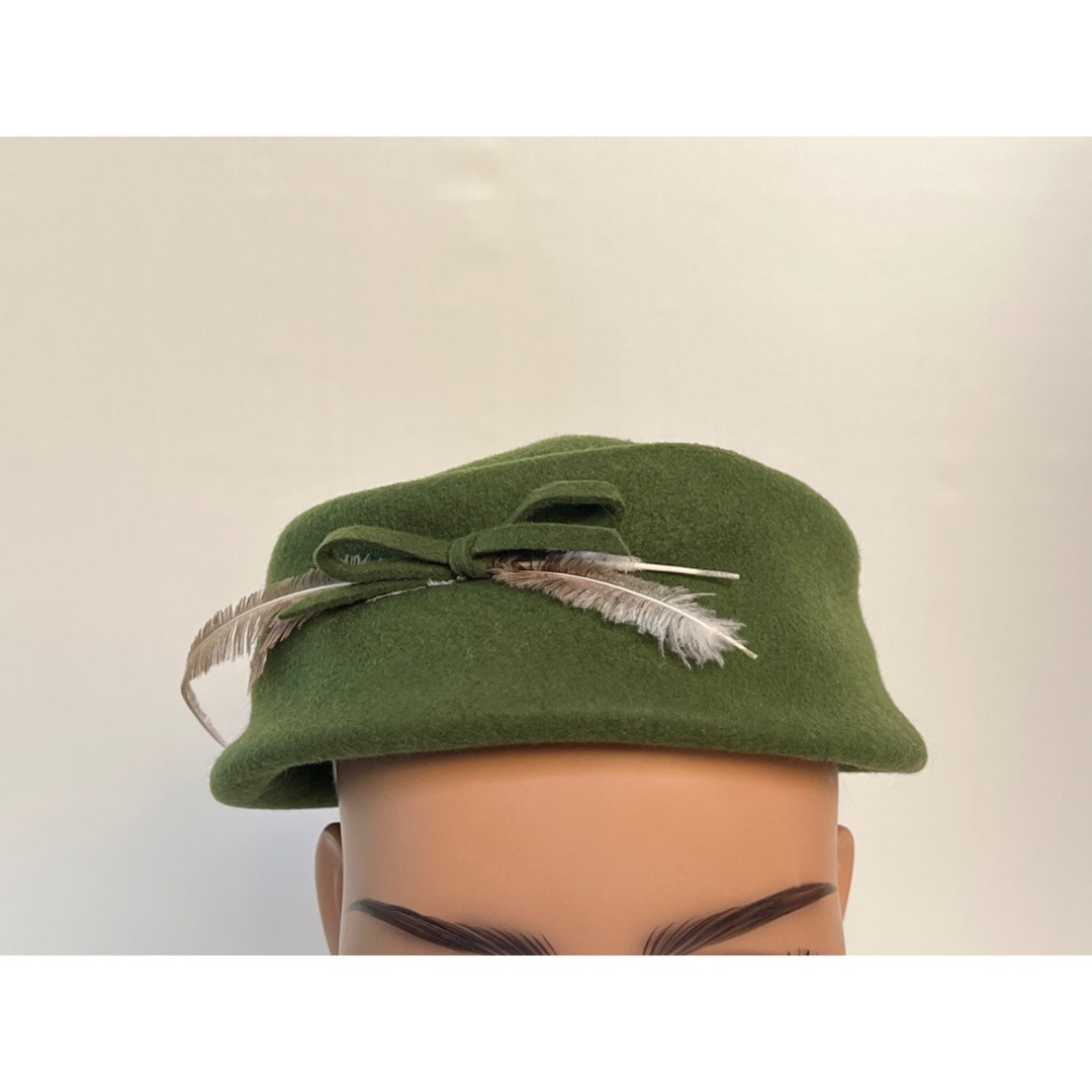 Vintage MCM Henry Pollack Glenover 100% Wool Green Beret Feather Hat ...
