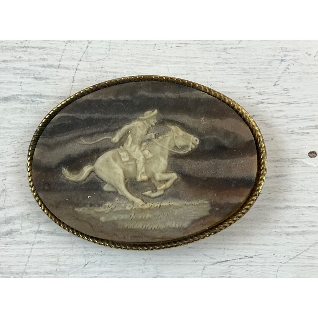 Vintage Handcrafted Incolay Stone Belt Buckle With Pony Express Horse ...