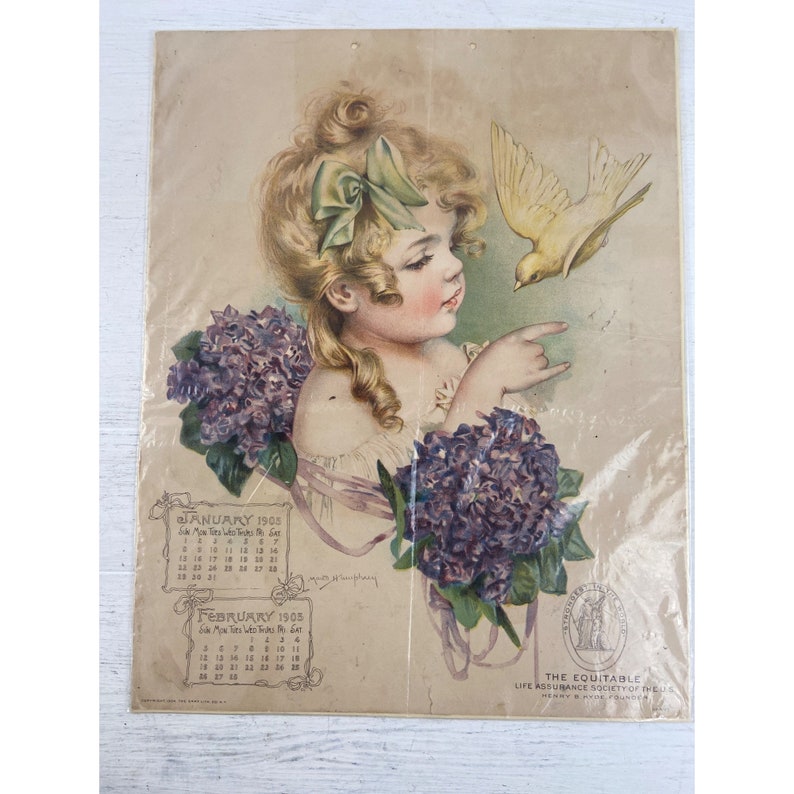 Vintage 1905 Calendar Page (jan/feb) Print Girl With Lilacs and a Bird ...