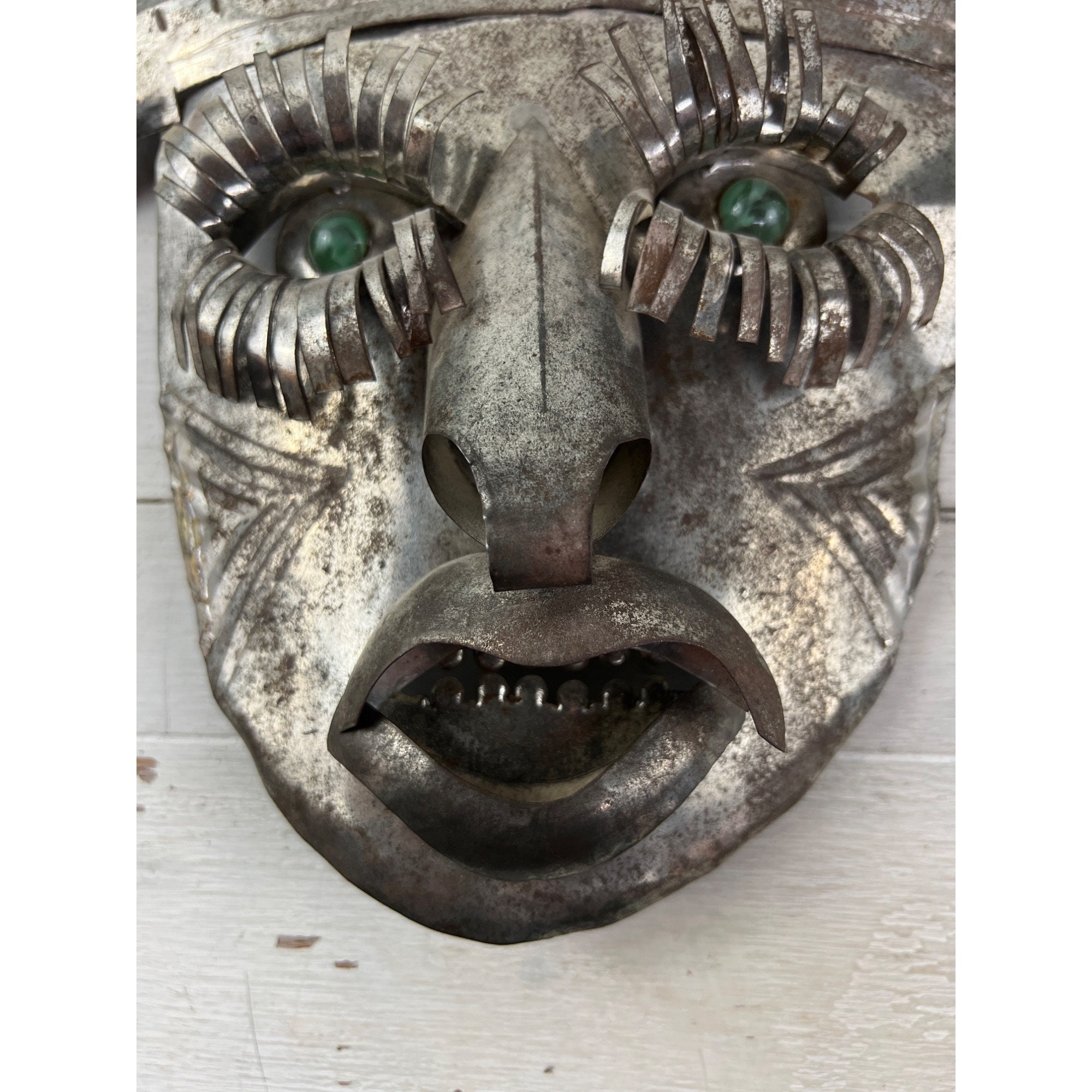 Vintage Mexican Metal Punch Mask Glass Eyes Folk Art Mexico Wall ...
