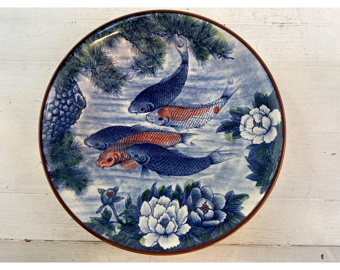 Japanese Koi Fish Motif 12in Decorative Bowl Hand Painted Global Art ...