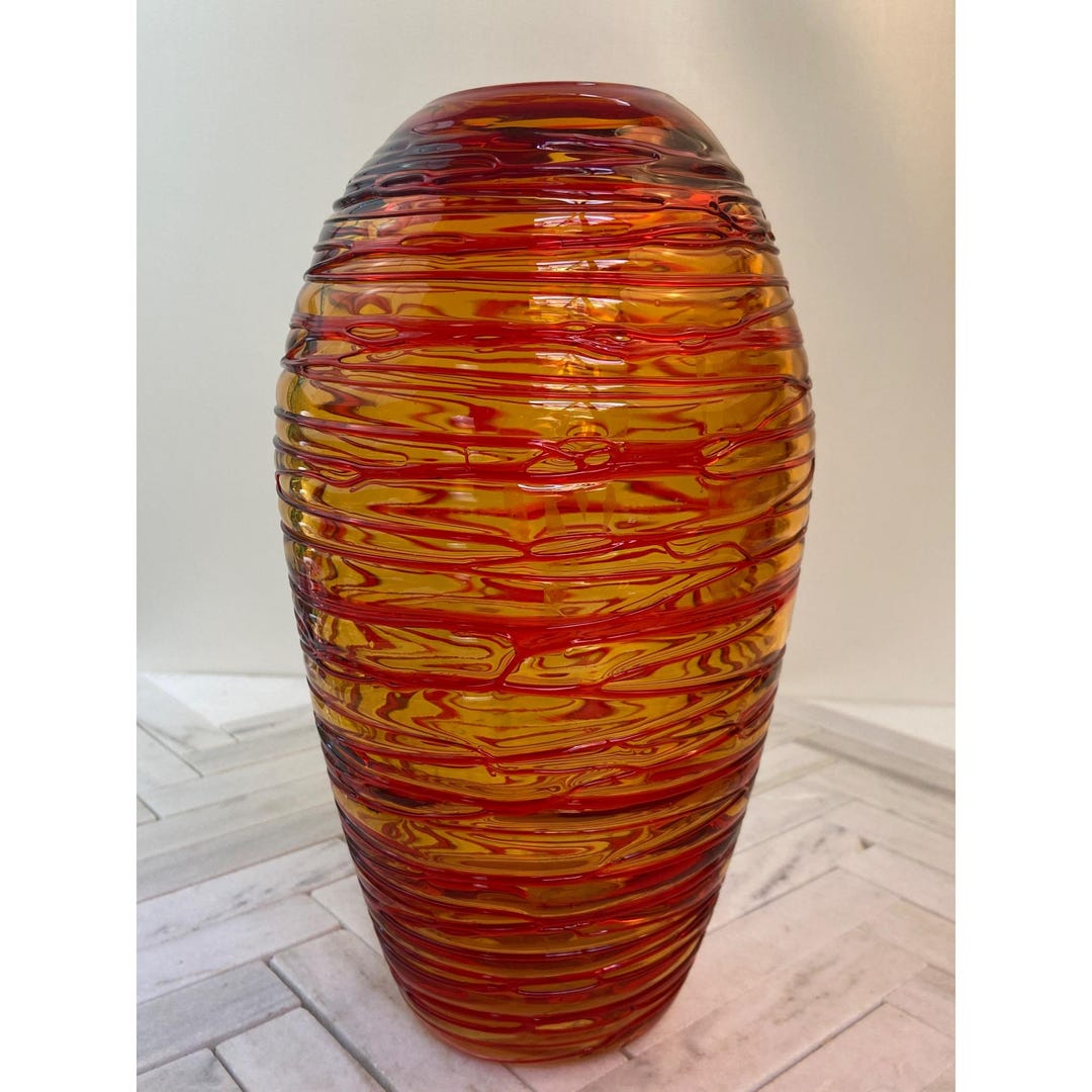 MCM Murano Style Amber & Red Blown Glass Threaded Art Vase 11-inch Tall ...