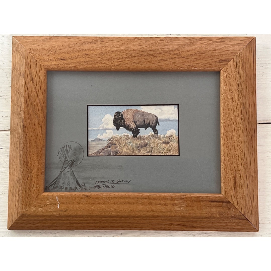 Vtg Kenneth J Hurley Double Signed Buffalo Watercolor Print W Teepee ...