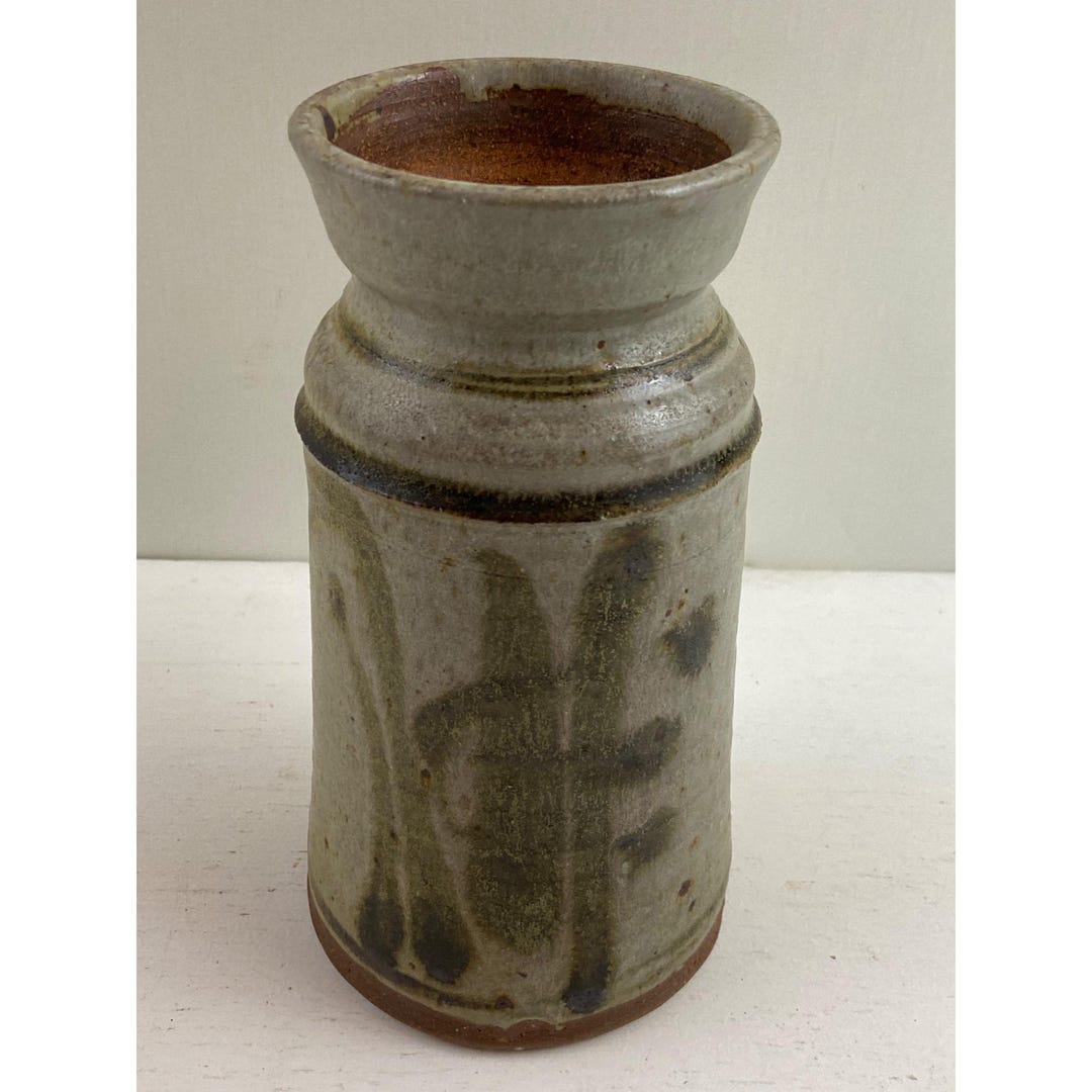 Mid Century Studio Pottery Vase Signed V Heaven 1967 8" H Rustic Gray ...