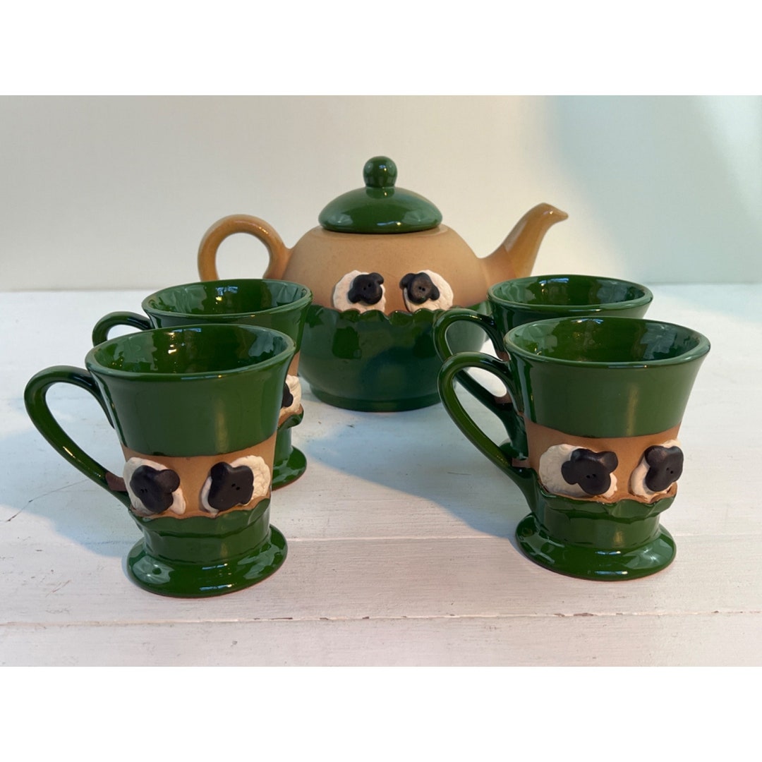 Hand Thrown Pottery Sheep Teapot & 4 Matching Design Cups EC - Etsy