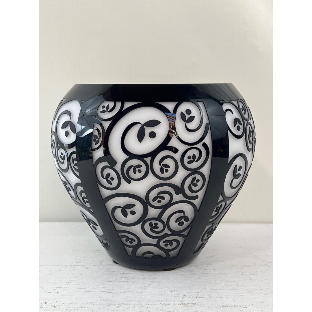 Design Guild 9" Sutton Rose Bowl Hand Blown Art Glass Black & White ...