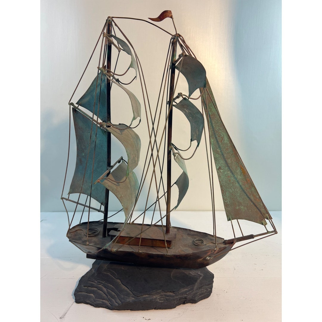 Vintage Copper Metal Ship Boat Schooner Clipper Sailing on Slate Base ...
