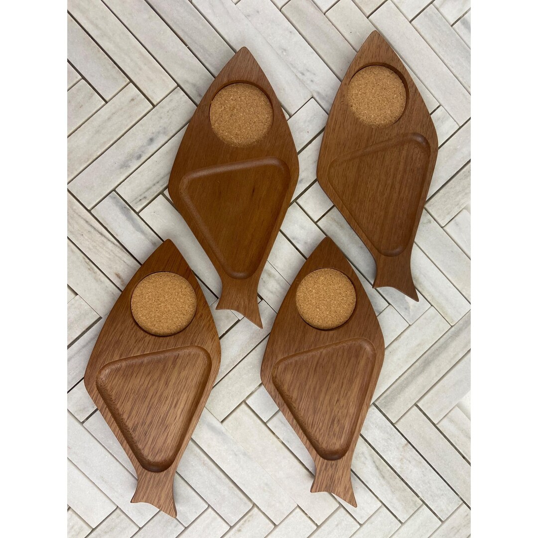 Vintage MCM Set of 4 Teak Fish Shaped Cork Coaster/snack Trays by Jet ...