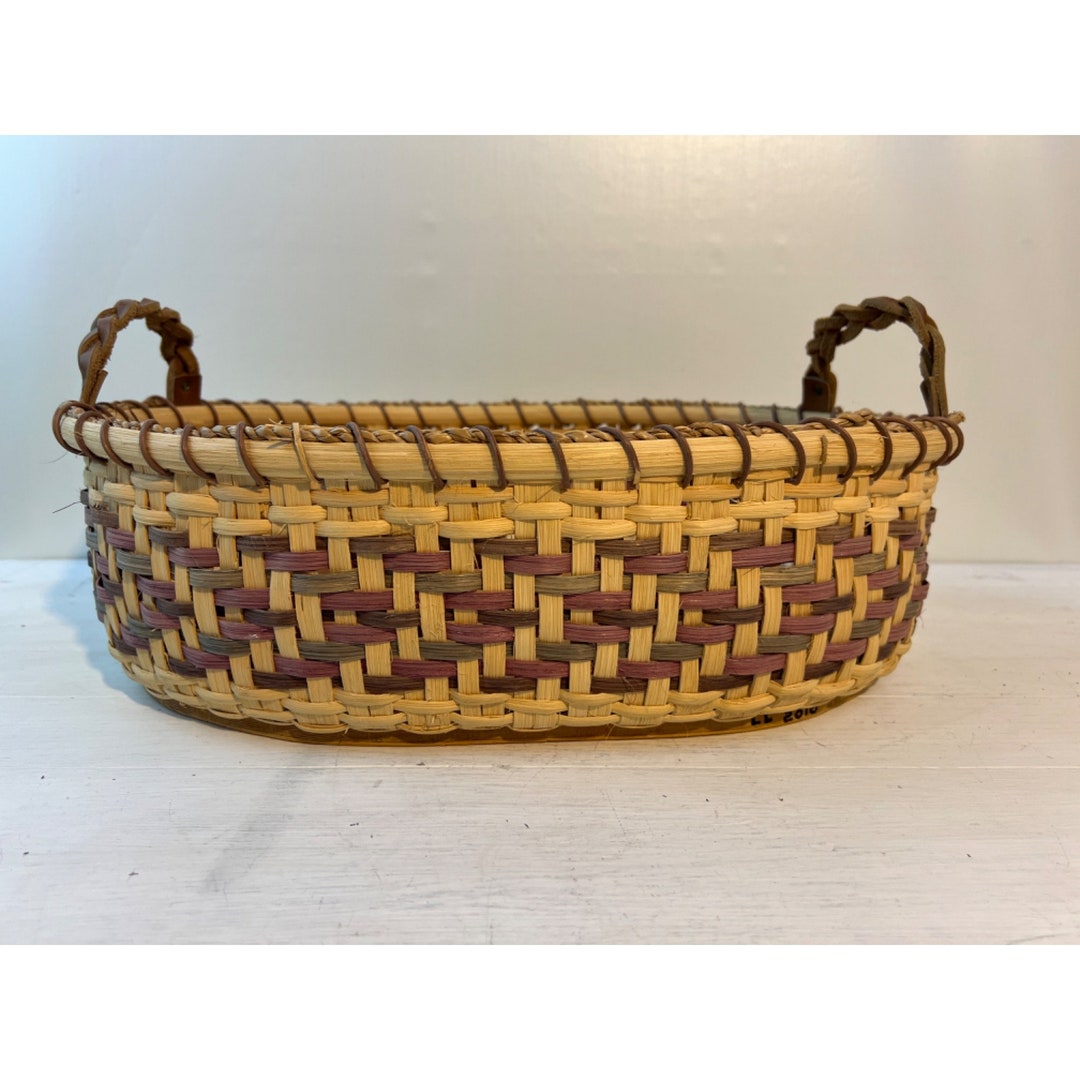 Vintage Woven Basket With Wood Base & Leather Handles - Etsy