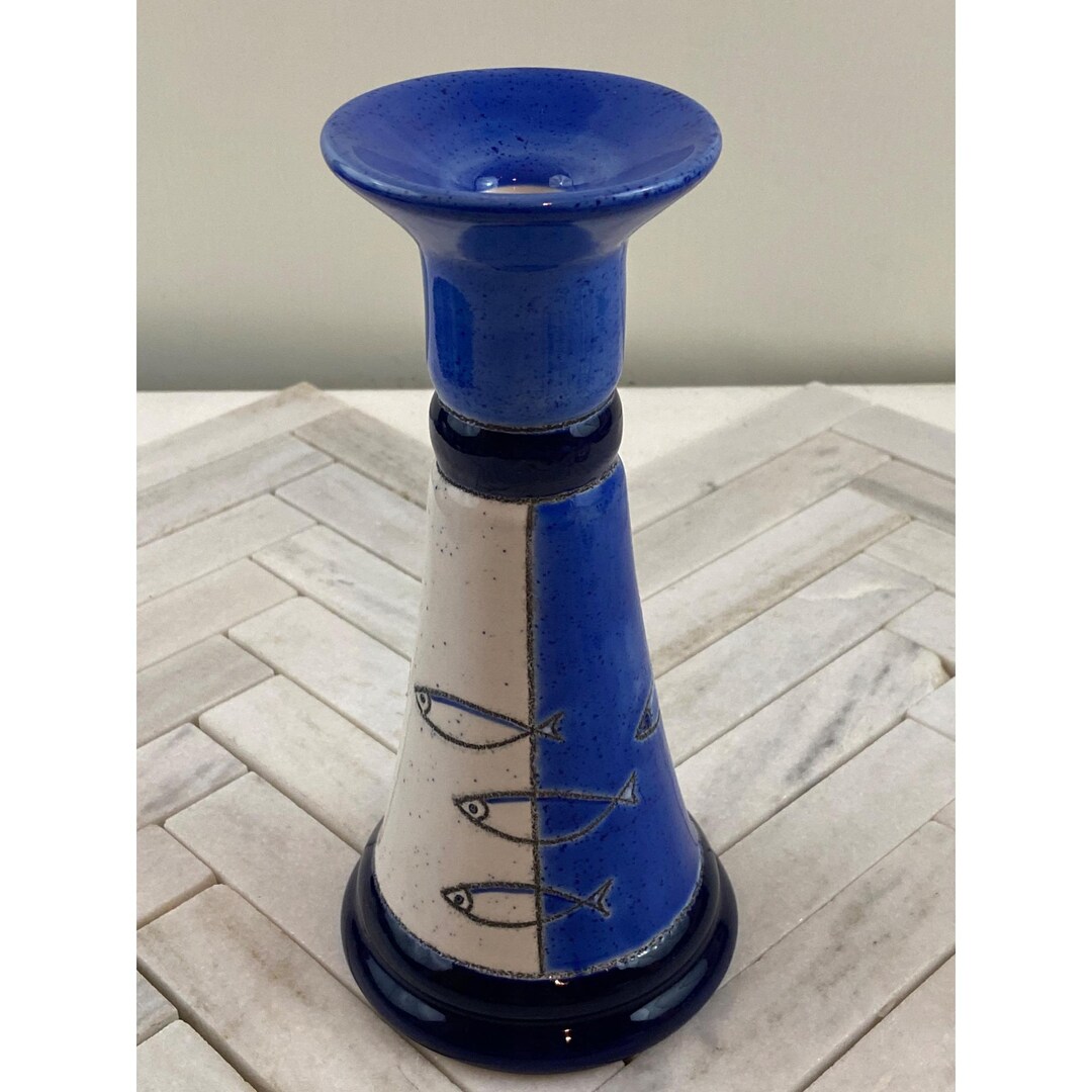 Vintage Artesa Hand Painted Ceramic Cobalt Blue Fish Motif Taper Candle ...